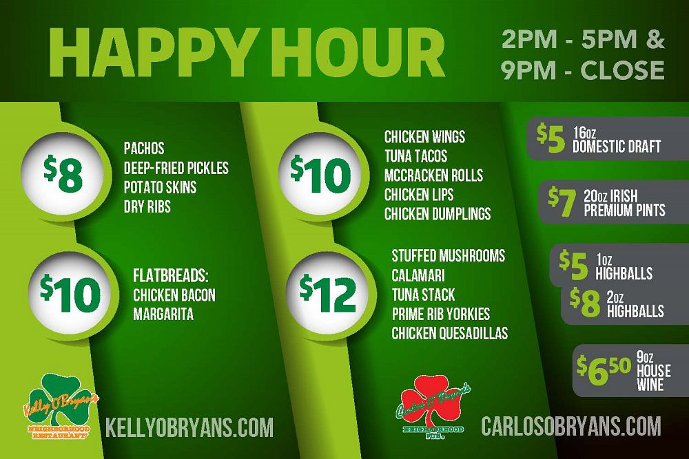 Join Us for HAPPY HOUR | Kelly/Carlos O' Bryan's - Neighborhood ...
